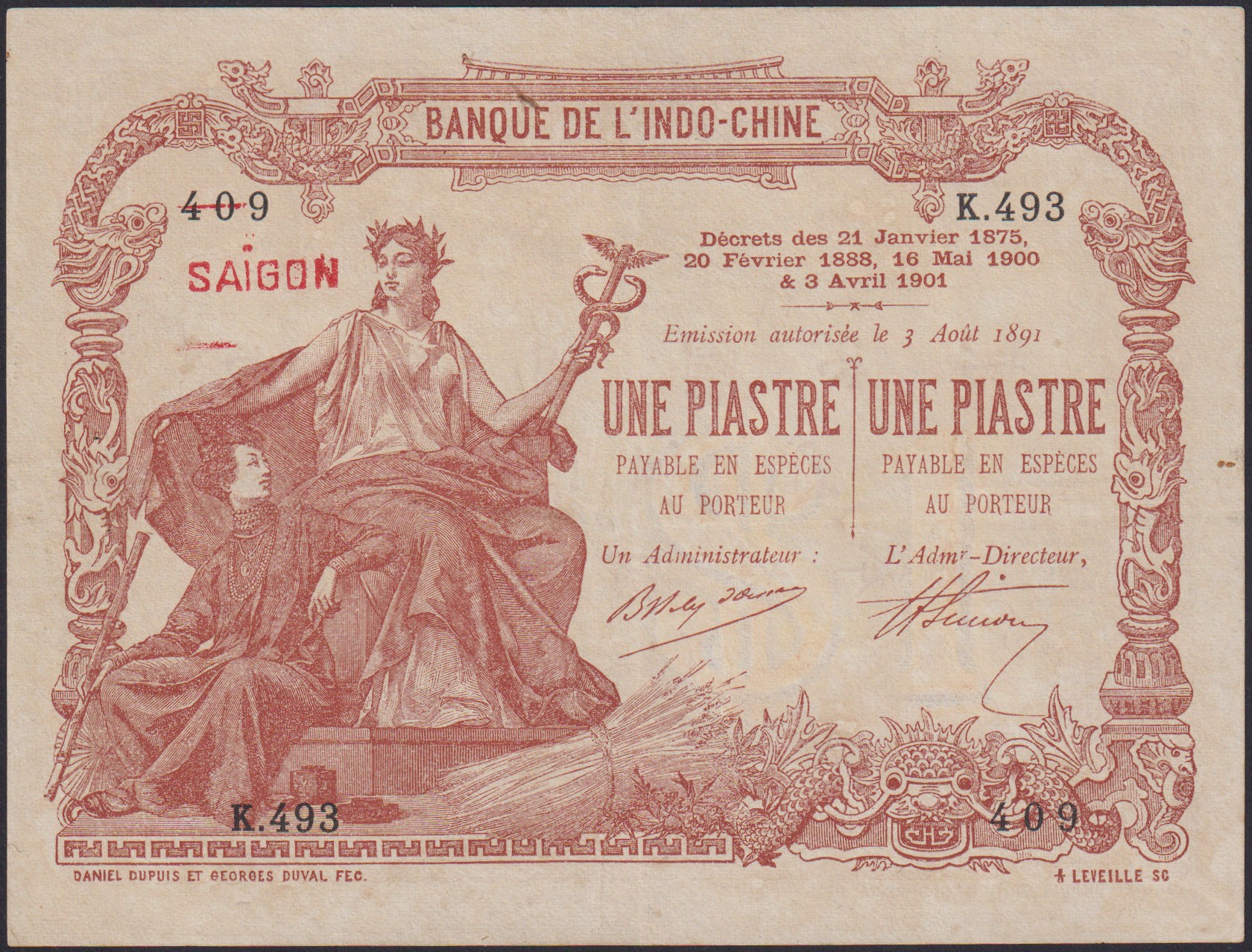 FRENCH INDOCHINA 1 Piastre 1901