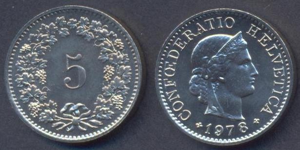SWITZERLAND 5 Rappen 1978 UNC/BU